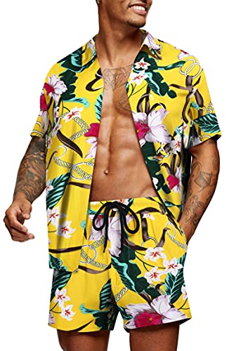 COOFANDY Men's Hawaiian Set Casual Floral Print Shirt Summer Shirt and Shorts