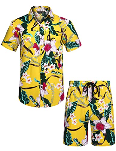 COOFANDY Men's Hawaiian Set Casual Floral Print Shirt Summer Shirt and Shorts