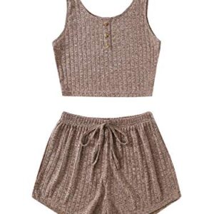 SOLY HUX Women's Button Front Ribbed Knit Tank Top and Shorts Pajama Set Sleepwear Lounge Sets Mocha Brown M