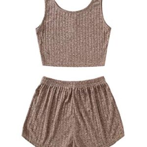 SOLY HUX Women's Button Front Ribbed Knit Tank Top and Shorts Pajama Set Sleepwear Lounge Sets Mocha Brown M