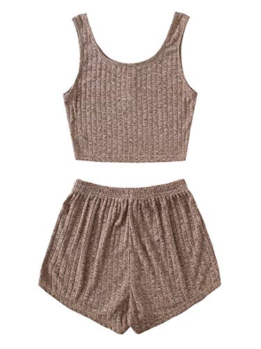 SOLY HUX Women's Button Front Ribbed Knit Tank Top and Shorts Pajama Set Sleepwear Lounge Sets Mocha Brown M