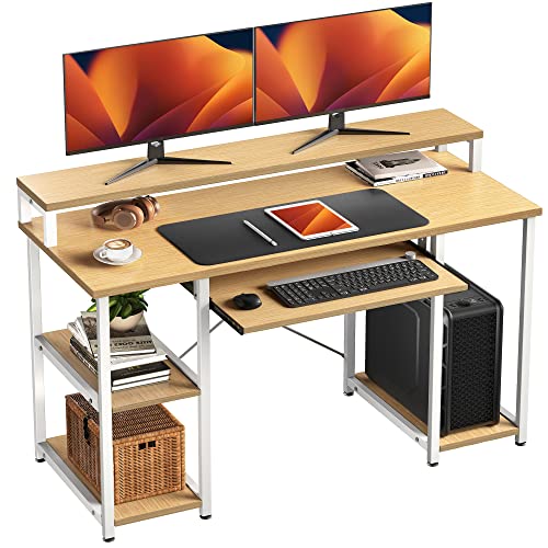 NOBLEWELL Computer Desk with Storage Shelves, 47 inch Home Office Desk with Monitor Stand, Writing Desk Table with Keyboard Tray (Bamboo)