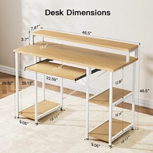 NOBLEWELL Computer Desk with Storage Shelves, 47 inch Home Office Desk with Monitor Stand, Writing Desk Table with Keyboard Tray (Bamboo)