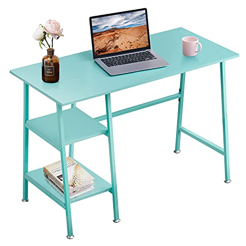 VECELO 43 Inch Computer Writing Home Office with 2 Tier Storage Shelves，Adjustable Feet/Waterproof,Simple Workstation, Blue Desk, 43"