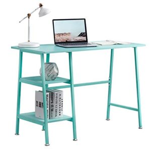 VECELO 43 Inch Computer Writing Home Office with 2 Tier Storage Shelves，Adjustable Feet/Waterproof,Simple Workstation, Blue Desk, 43"