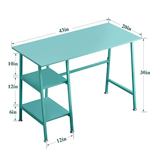 VECELO 43 Inch Computer Writing Home Office with 2 Tier Storage Shelves，Adjustable Feet/Waterproof,Simple Workstation, Blue Desk, 43"