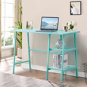 VECELO 43 Inch Computer Writing Home Office with 2 Tier Storage Shelves，Adjustable Feet/Waterproof,Simple Workstation, Blue Desk, 43"