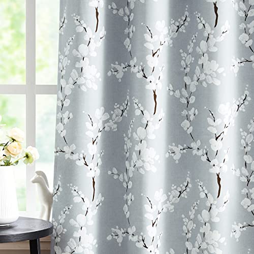 White Grey Blackout Curtains for Bedroom 84 inch Length Floral Printed Living Room Curtain Panels for Farmhouse Décor Blossom Thermal Energy Efficient Light Blocking Window Curtain 50"w 2pcs