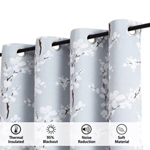 White Grey Blackout Curtains for Bedroom 84 inch Length Floral Printed Living Room Curtain Panels for Farmhouse Décor Blossom Thermal Energy Efficient Light Blocking Window Curtain 50"w 2pcs