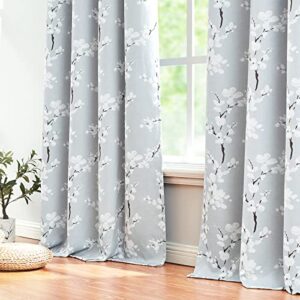 White Grey Blackout Curtains for Bedroom 84 inch Length Floral Printed Living Room Curtain Panels for Farmhouse Décor Blossom Thermal Energy Efficient Light Blocking Window Curtain 50"w 2pcs