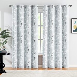 White Grey Blackout Curtains for Bedroom 84 inch Length Floral Printed Living Room Curtain Panels for Farmhouse Décor Blossom Thermal Energy Efficient Light Blocking Window Curtain 50"w 2pcs