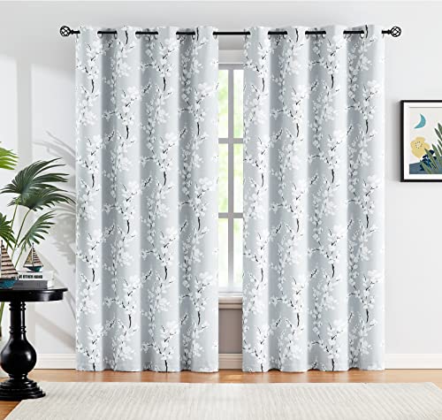 White Grey Blackout Curtains for Bedroom 84 inch Length Floral Printed Living Room Curtain Panels for Farmhouse Décor Blossom Thermal Energy Efficient Light Blocking Window Curtain 50"w 2pcs