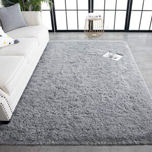 TWINNIS Super Soft Shaggy Fluffy Carpets, 5x8 Feet, Indoor Modern Plush Area Rugs for Living Room Bedroom Kids Room Nursery Home Decor, Upgrade Anti-Skid Durable Rectangular Fuzzy Rug, Grey