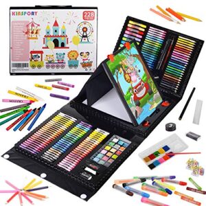 art supplies, kinspory 228 pack art sets crafts drawing coloring kit, double-side trifold art easel, oil pastels, crayons, colored pencils, creative gift for beginners artists girls boys kids (black)