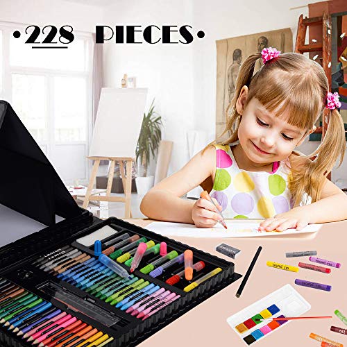 Art Supplies, KINSPORY 228 Pack Art Sets Crafts Drawing Coloring kit, Double-Side Trifold Art Easel, Oil Pastels, Crayons, Colored Pencils, Creative Gift for Beginners Artists Girls Boys Kids (Black)