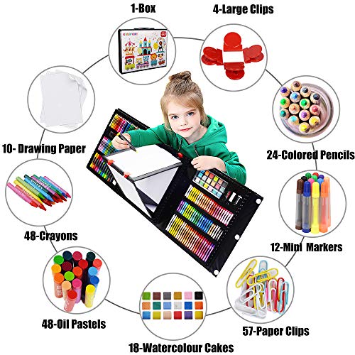 Art Supplies, KINSPORY 228 Pack Art Sets Crafts Drawing Coloring kit, Double-Side Trifold Art Easel, Oil Pastels, Crayons, Colored Pencils, Creative Gift for Beginners Artists Girls Boys Kids (Black)