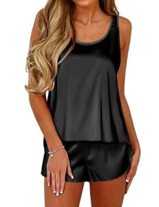 ekouaer womens satin pajamas set back split top and shorts silk pj set tank sleepwear s-xxl a-black