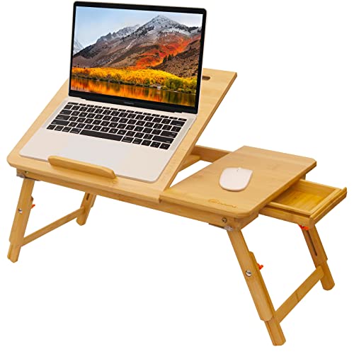 Laptop Lap Desk, COIWAI Laptop Desk for Bed, Bamboo Adjustable Angle and Height, Foldable Table Stand with Tablet Phone Slot, Drawer, Portable Tray for Kids Netebook Breakfast Work Study Reading