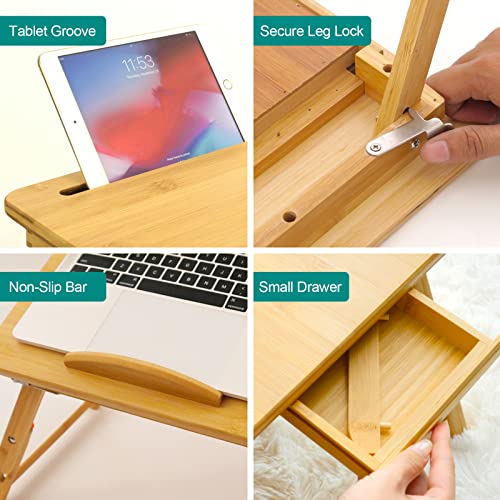 Laptop Lap Desk, COIWAI Laptop Desk for Bed, Bamboo Adjustable Angle and Height, Foldable Table Stand with Tablet Phone Slot, Drawer, Portable Tray for Kids Netebook Breakfast Work Study Reading