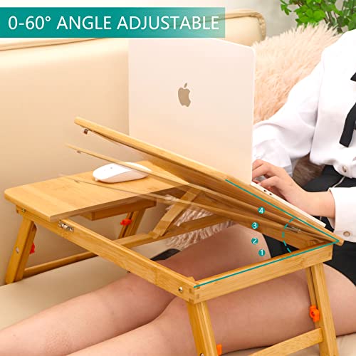 Laptop Lap Desk, COIWAI Laptop Desk for Bed, Bamboo Adjustable Angle and Height, Foldable Table Stand with Tablet Phone Slot, Drawer, Portable Tray for Kids Netebook Breakfast Work Study Reading