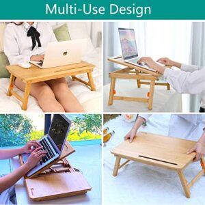 Laptop Lap Desk, COIWAI Laptop Desk for Bed, Bamboo Adjustable Angle and Height, Foldable Table Stand with Tablet Phone Slot, Drawer, Portable Tray for Kids Netebook Breakfast Work Study Reading