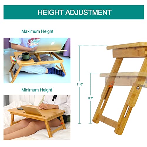 Laptop Lap Desk, COIWAI Laptop Desk for Bed, Bamboo Adjustable Angle and Height, Foldable Table Stand with Tablet Phone Slot, Drawer, Portable Tray for Kids Netebook Breakfast Work Study Reading