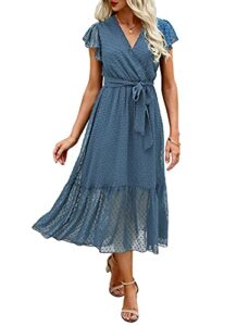 btfbm women summer bohemian floral casual wrap v neck ruffle cap sleeveless belt a-line pleated hem swing midi sun dress (swiss dot grey blue, m)