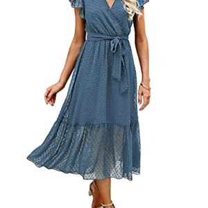 BTFBM Women Summer Bohemian Floral Casual Wrap V Neck Ruffle Cap Sleeveless Belt A-Line Pleated Hem Swing Midi Sun Dress (Swiss Dot Grey Blue, m)