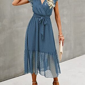 BTFBM Women Summer Bohemian Floral Casual Wrap V Neck Ruffle Cap Sleeveless Belt A-Line Pleated Hem Swing Midi Sun Dress (Swiss Dot Grey Blue, m)