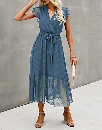 BTFBM Women Summer Bohemian Floral Casual Wrap V Neck Ruffle Cap Sleeveless Belt A-Line Pleated Hem Swing Midi Sun Dress (Swiss Dot Grey Blue, m)