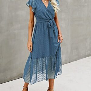 BTFBM Women Summer Bohemian Floral Casual Wrap V Neck Ruffle Cap Sleeveless Belt A-Line Pleated Hem Swing Midi Sun Dress (Swiss Dot Grey Blue, m)