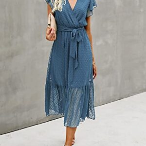 BTFBM Women Summer Bohemian Floral Casual Wrap V Neck Ruffle Cap Sleeveless Belt A-Line Pleated Hem Swing Midi Sun Dress (Swiss Dot Grey Blue, m)