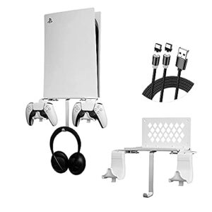 Hosanwell PS5 Wall Mount, PS5 Wall Mount Kit with 2 Detachable Controller Holder and Headphone Mount, Solid Metal with Accessories Easy Installation,White