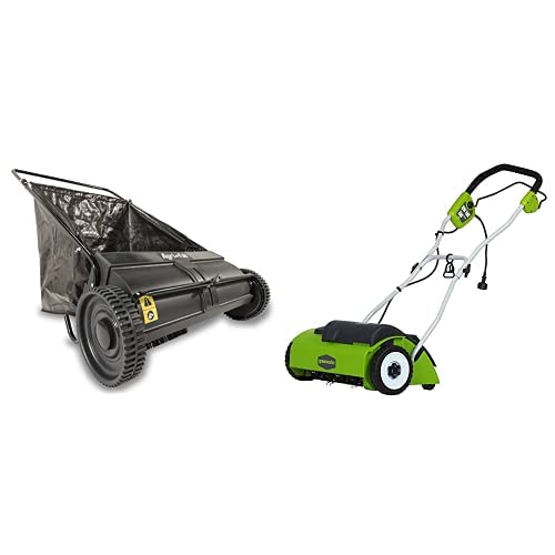 Agri-Fab 45-0218 26-Inch Push Lawn Sweeper, 26 Inches, Black & Greenworks 10 Amp 14” Corded Electric Dethatcher (Stainless Steel Tines)