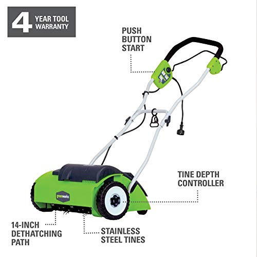 Agri-Fab 45-0218 26-Inch Push Lawn Sweeper, 26 Inches, Black & Greenworks 10 Amp 14” Corded Electric Dethatcher (Stainless Steel Tines)