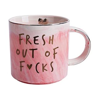 funny coffee mugs gifts for women - sarcastic novelty cups gag gift for friends, coworkers, boss, employee, human resources - fresh out of - inappropriate cute pink marble mug, 11.5oz coffee cup