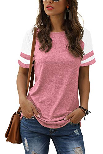 Adibosy Women Summer Casual Shirts: Short Sleeve Striped Tunic Tops - Ladies Loose Crew Neck Tee Tshirt Blouses Pink L