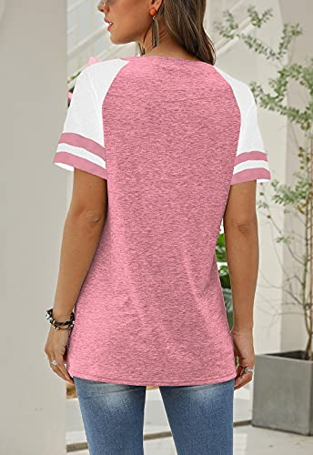 Adibosy Women Summer Casual Shirts: Short Sleeve Striped Tunic Tops - Ladies Loose Crew Neck Tee Tshirt Blouses Pink L