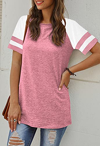 Adibosy Women Summer Casual Shirts: Short Sleeve Striped Tunic Tops - Ladies Loose Crew Neck Tee Tshirt Blouses Pink L