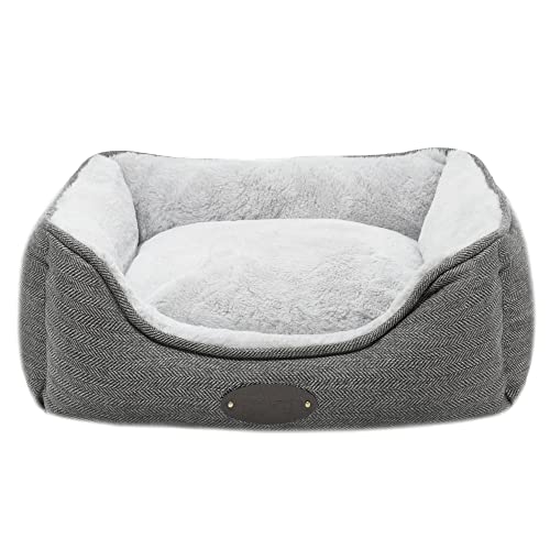 DEBANG HOME Dog Bed for Small Dogs,Calming Dog Beds,Cat Bed,Anxiety Comfy Durable Pet Beds with Reversible&Washable Cushion,Square Dog Bed in Grey Color