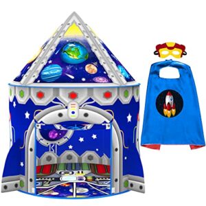 impirilux play tent for kids with cape and mask costume set | rocket themed children's pop up playhouse fort for boys and girls