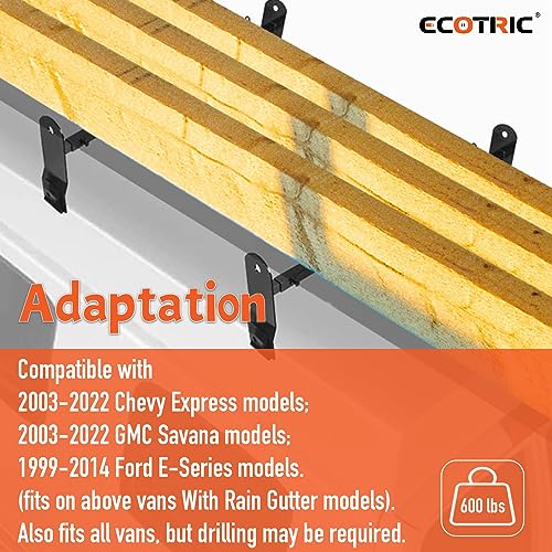 ECOTRIC Cross Bar 53"-66" Compatible with 1999-2022 Chevy Express GMC Savana Ford E Series Ladder Rack for Van Roof Rack Ladder Carrier Steel Rain Gutter Heavy Duty Black