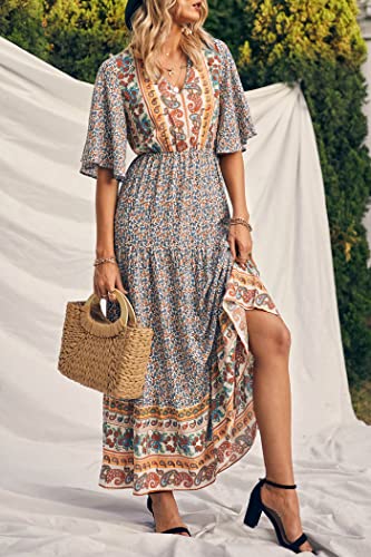 PRETTYGARDEN Women's Casual Summer Boho Floral Print Dress V Neck Short Sleeve High Waist Long Maxi Beach Dresses (White Floral,Medium)