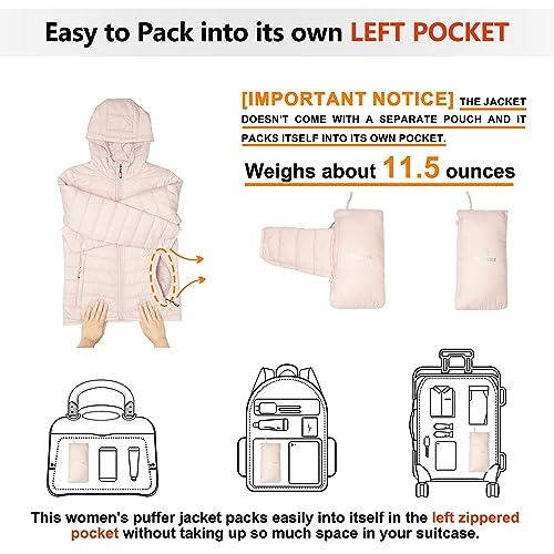 Outdoor Ventures Women's Packable Lightweight Full-Zip Puffer Jacket with Hood Quilted Winter Coat