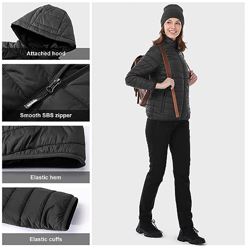 Outdoor Ventures Women's Packable Lightweight Full-Zip Puffer Jacket with Hood Quilted Winter Coat