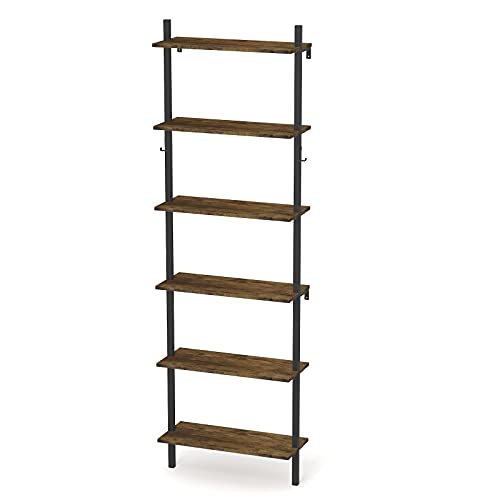 Kiimeey Wall Mounted Bookcase 6-Tier Vintage Open Bookshelf Industrial Tall Shelf with Hooks/Rack(Vintage)