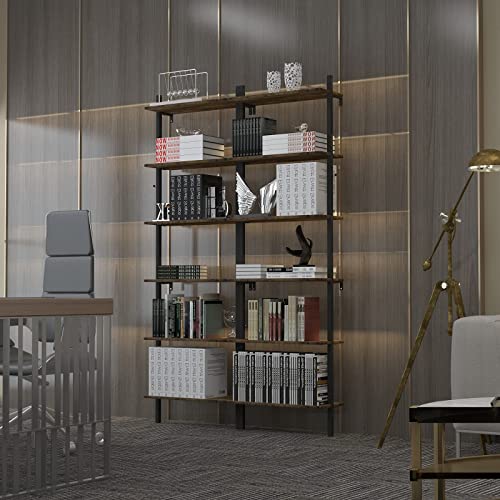 Kiimeey Wall Mounted Bookcase 6-Tier Vintage Open Bookshelf Industrial Tall Shelf with Hooks/Rack(Vintage)