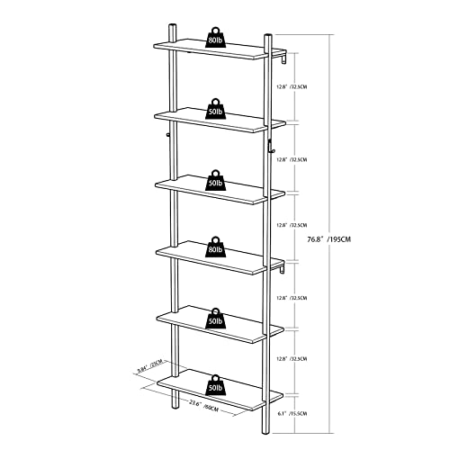 Kiimeey Wall Mounted Bookcase 6-Tier Vintage Open Bookshelf Industrial Tall Shelf with Hooks/Rack(Vintage)