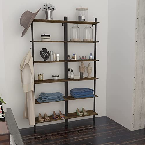 Kiimeey Wall Mounted Bookcase 6-Tier Vintage Open Bookshelf Industrial Tall Shelf with Hooks/Rack(Vintage)