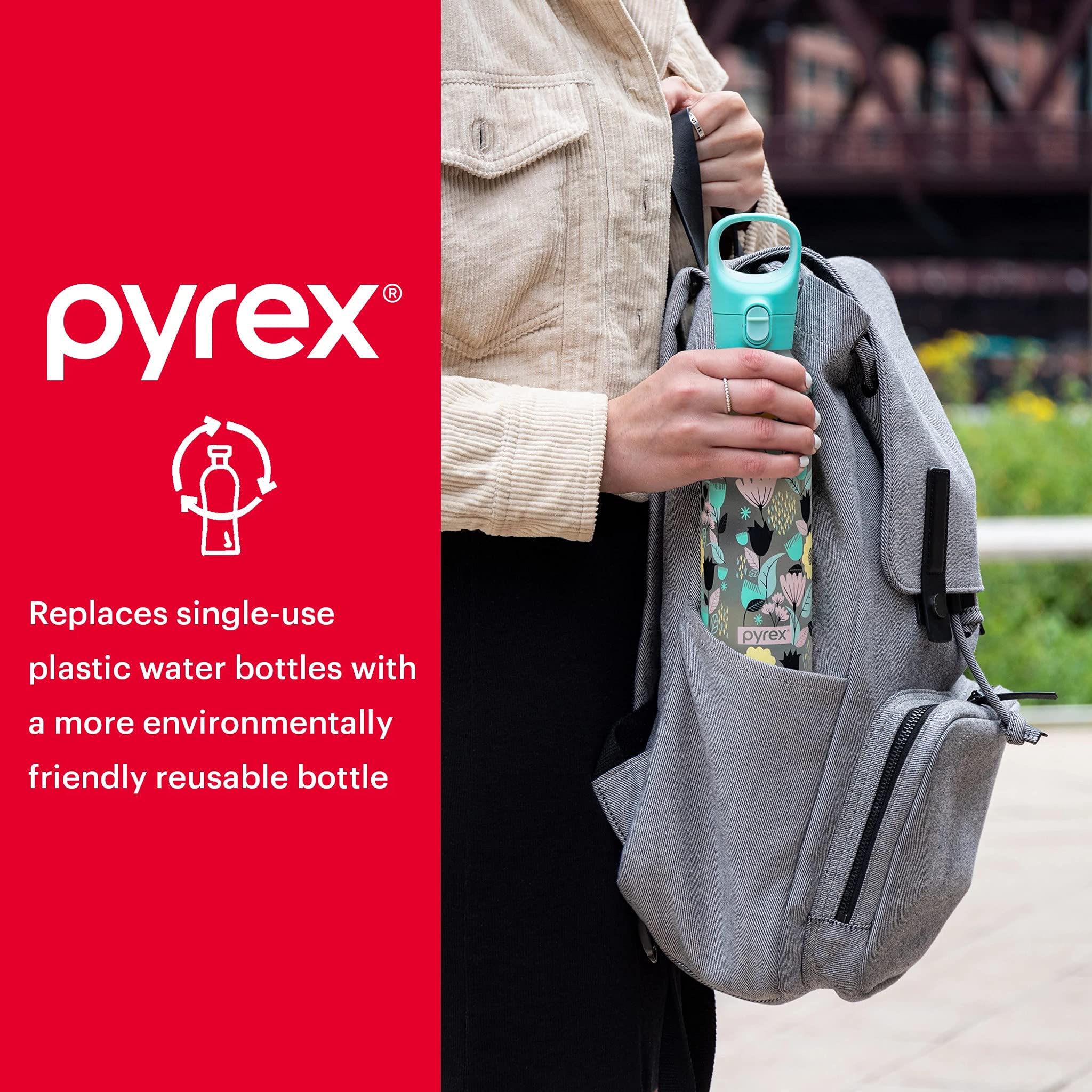 Pyrex 17.5-Oz Color Changing Glass Water Bottle with Silicone Coating, Leakproof and Textured Glass Reusable Water Bottle, Eco-Friendly, BPA-Free Silicone Coating, Floral Bold